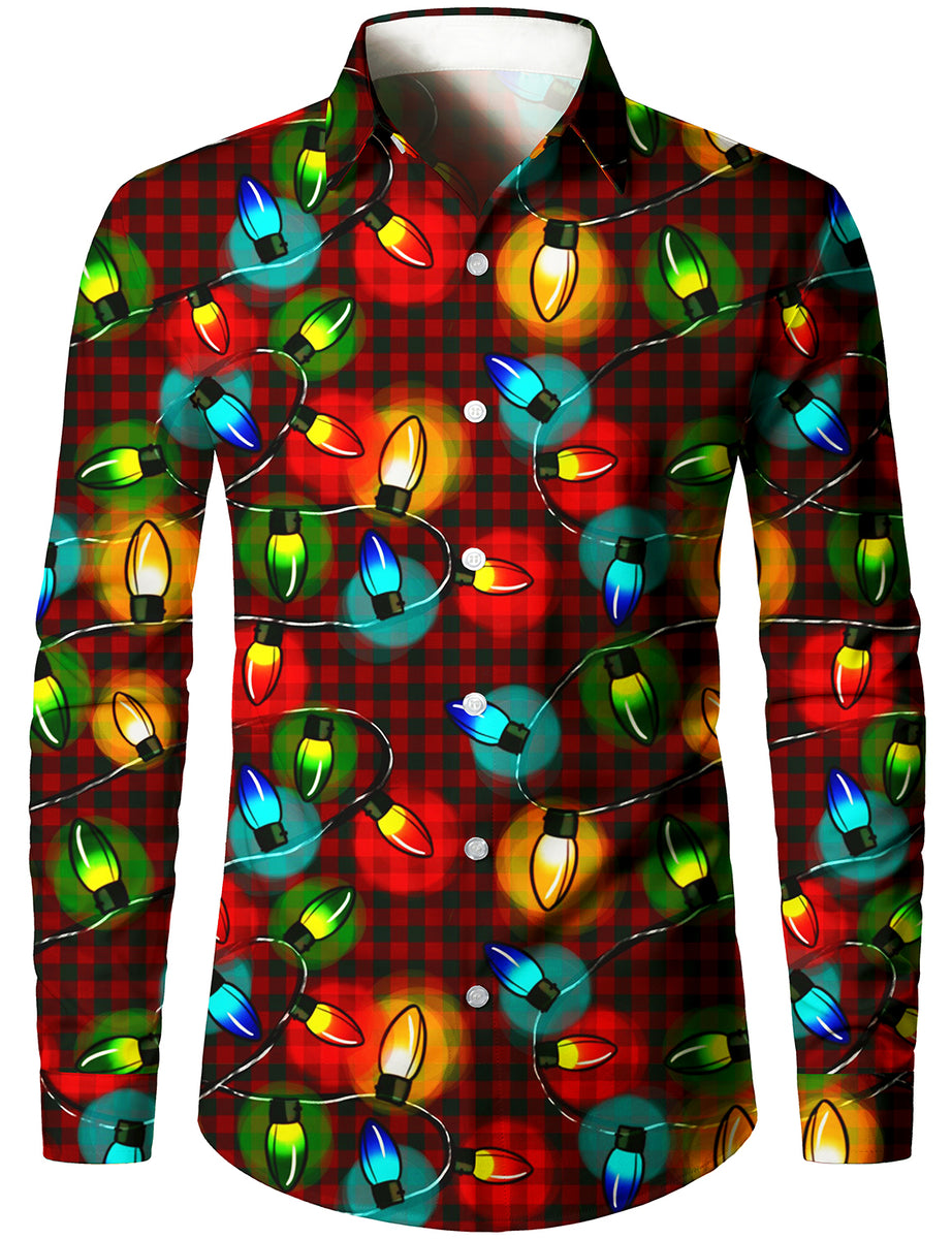 Men's Christmas Neon Plaid Long Sleeve Holiday Party Button Up Shirt ...