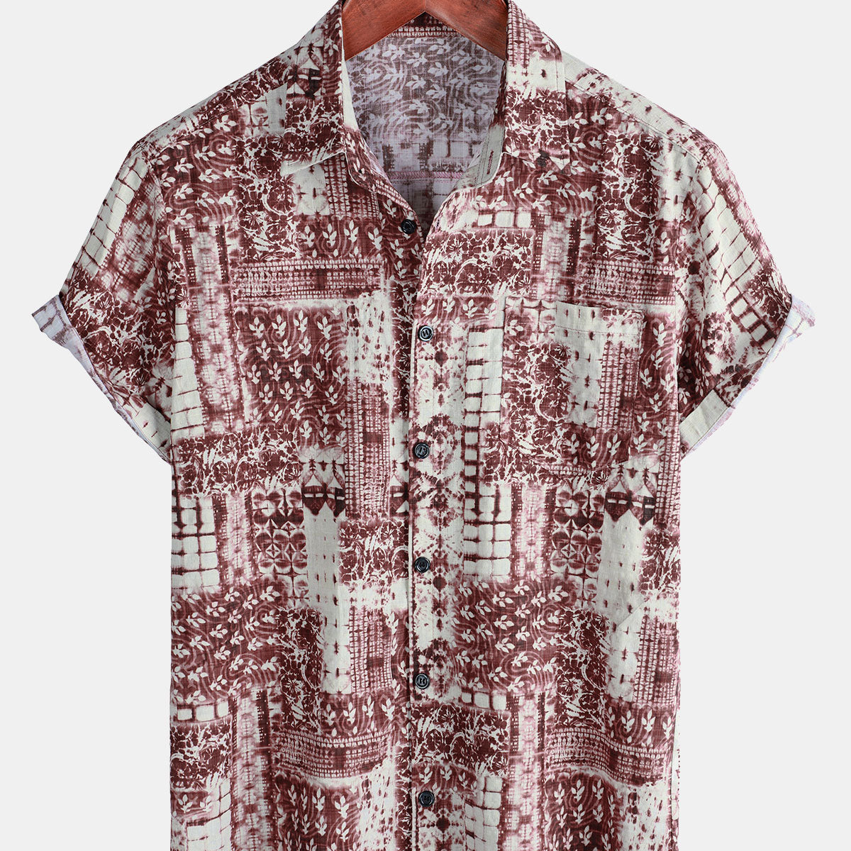 Men's Breathable Cotton Retro Print Pocket Camp Short Sleeve Shirt ...