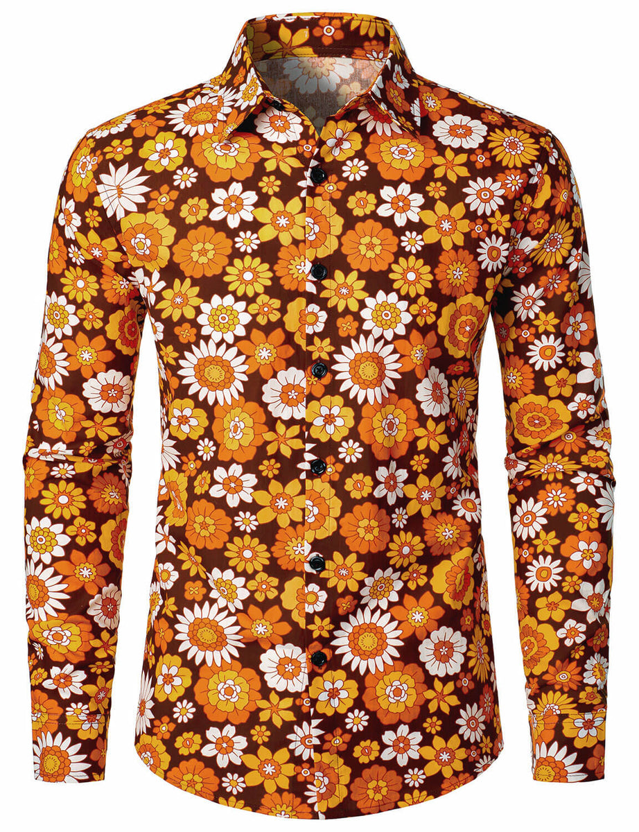 Men's Floral Vintage Button Up 70s Themed Disco Party Long Sleeve Shir ...