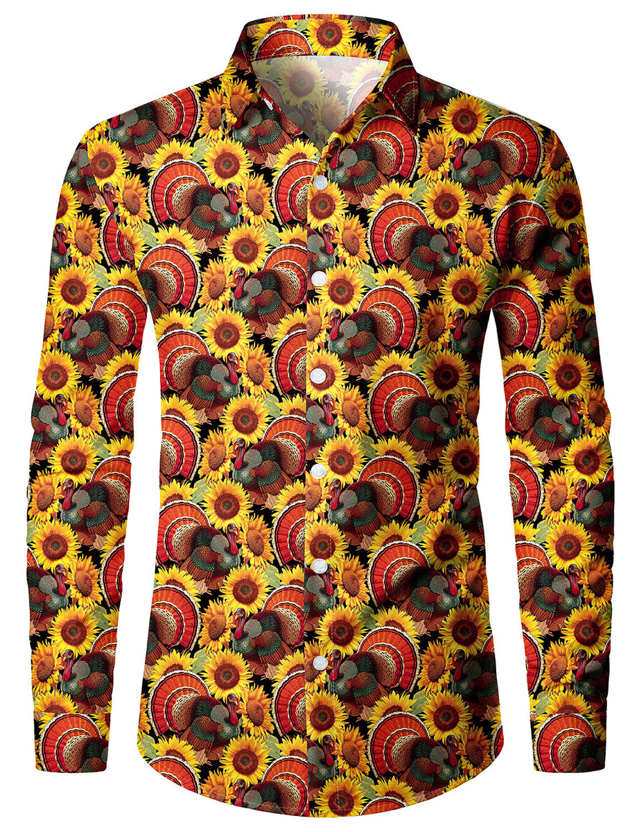 Men's Vintage Thanksgiving Turkey Sunflower Button Up Holiday Long Sle ...