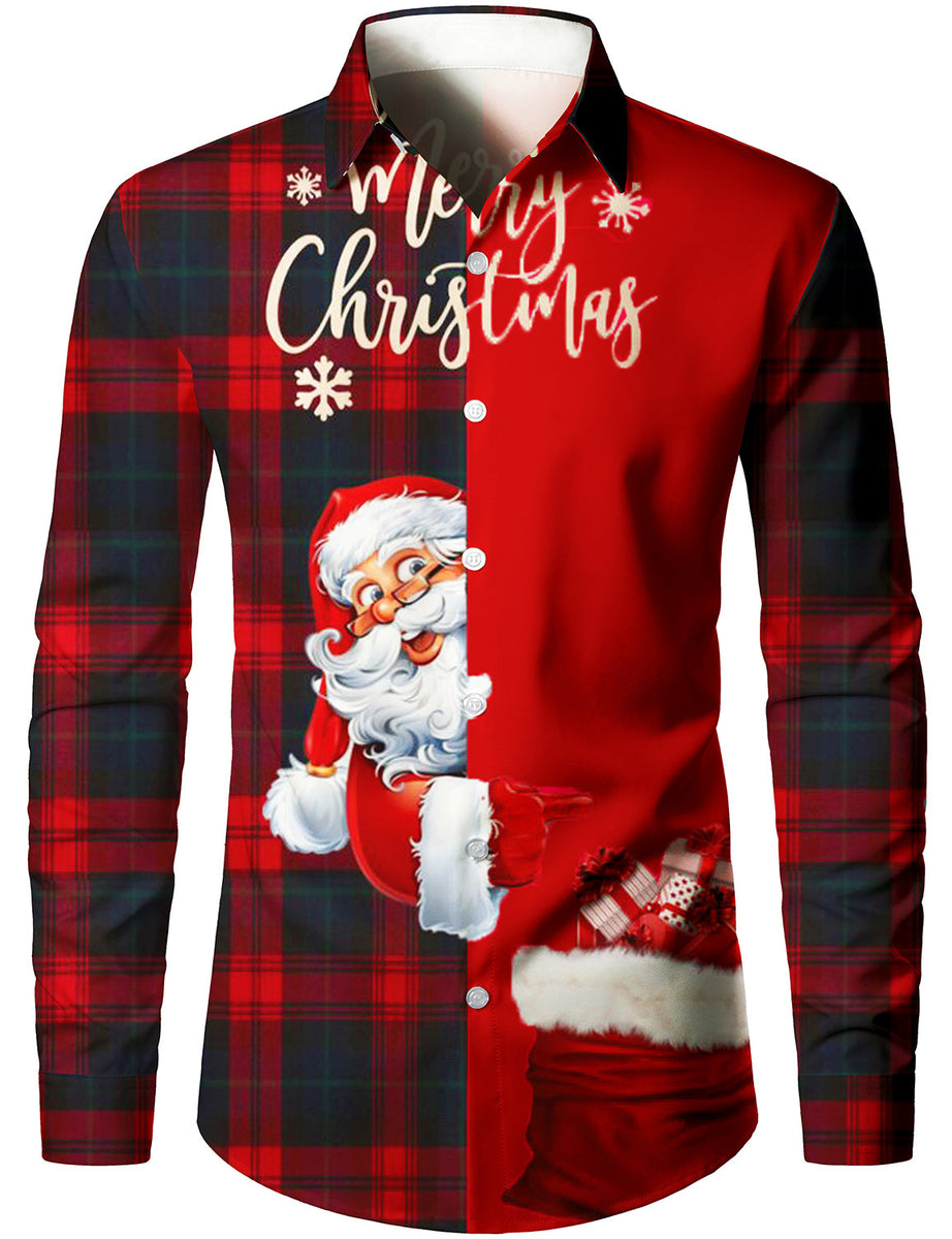 Men's Red Plaid Santa Claus Merry Christmas Button Up Long Sleeve Shir ...