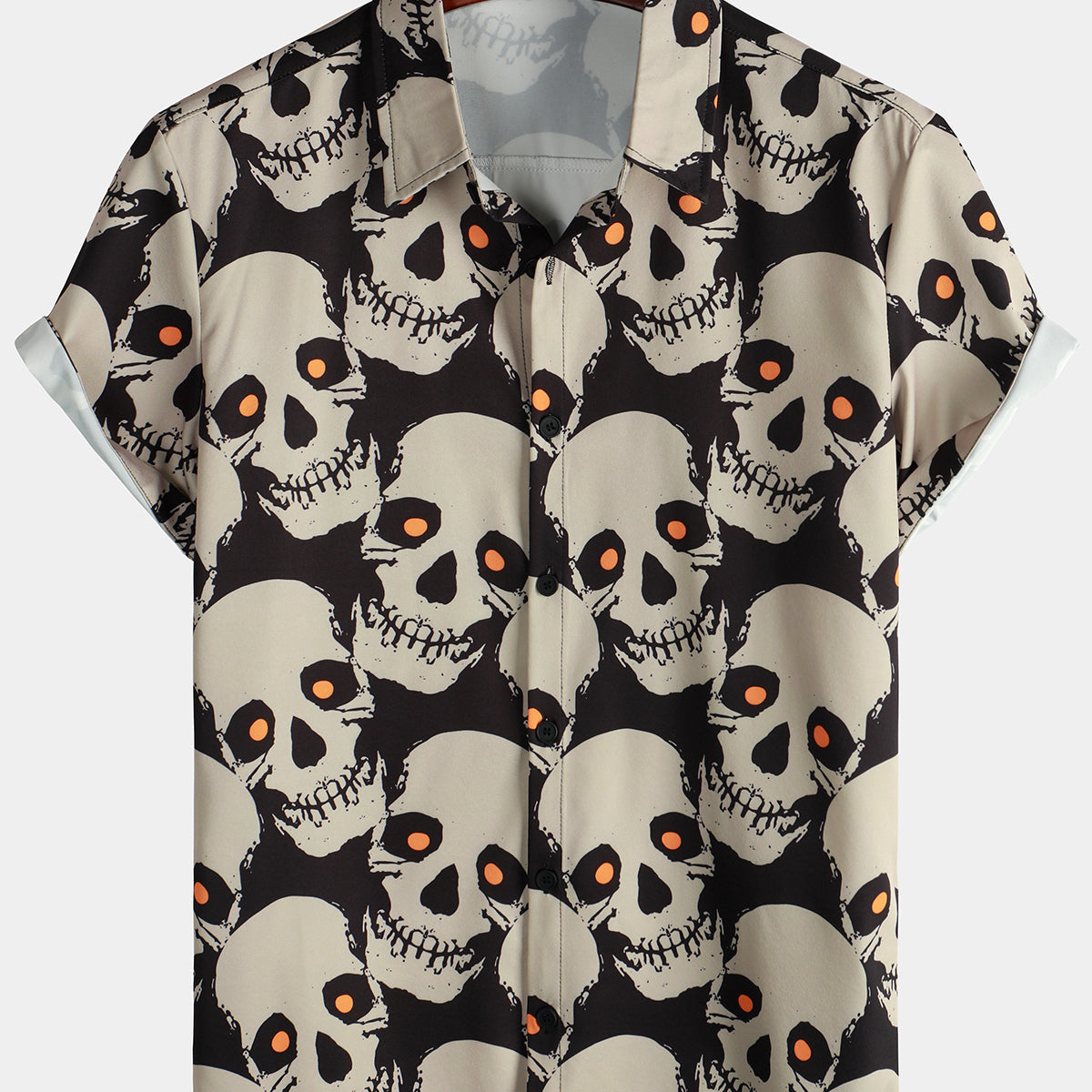 Men's Skull Cool Graphic Button Up Short Sleeve Punk Rock Art Black Ha ...