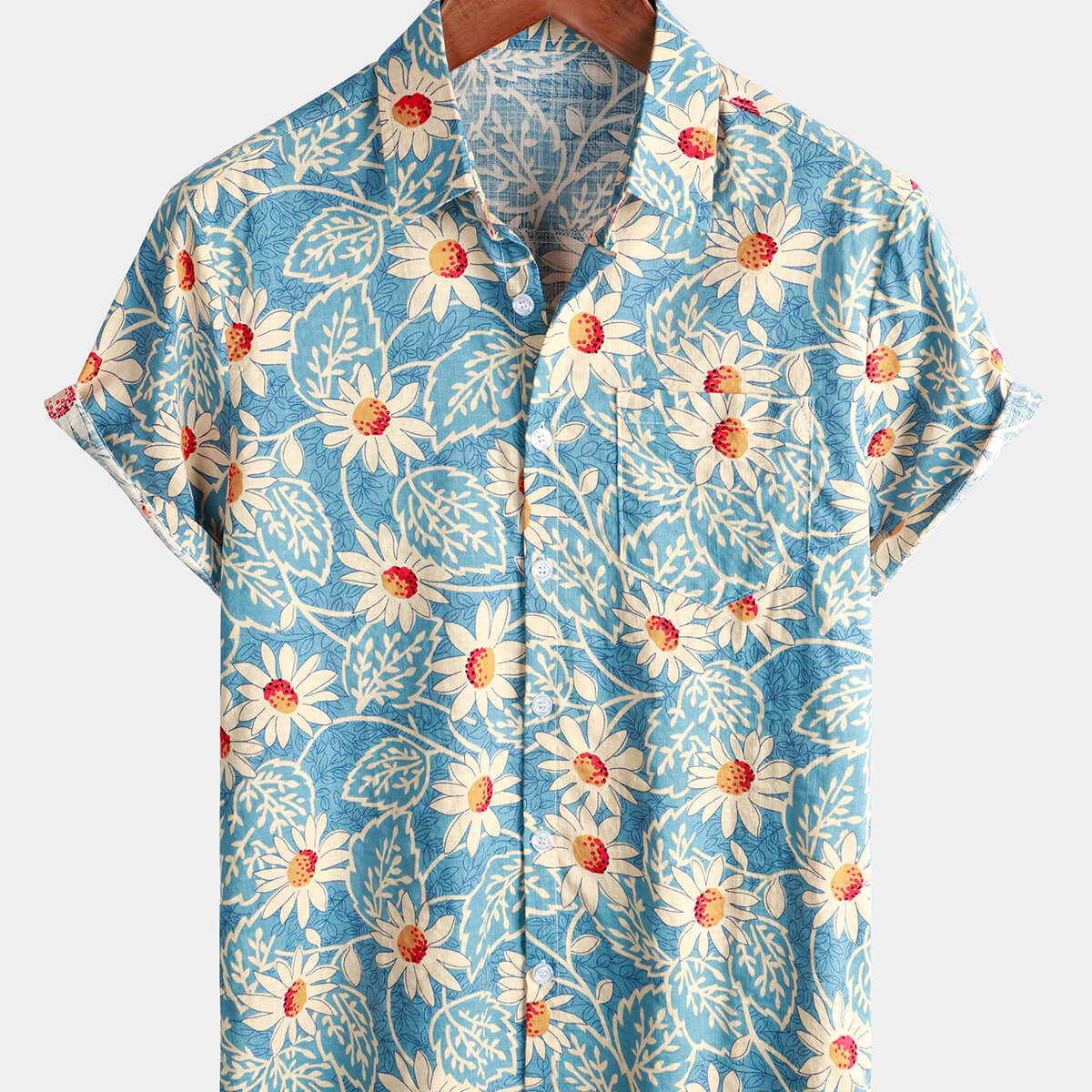 Men's Retro Beach Hawaiian Cotton Holiday Button Up Blue Short Sleeve ...